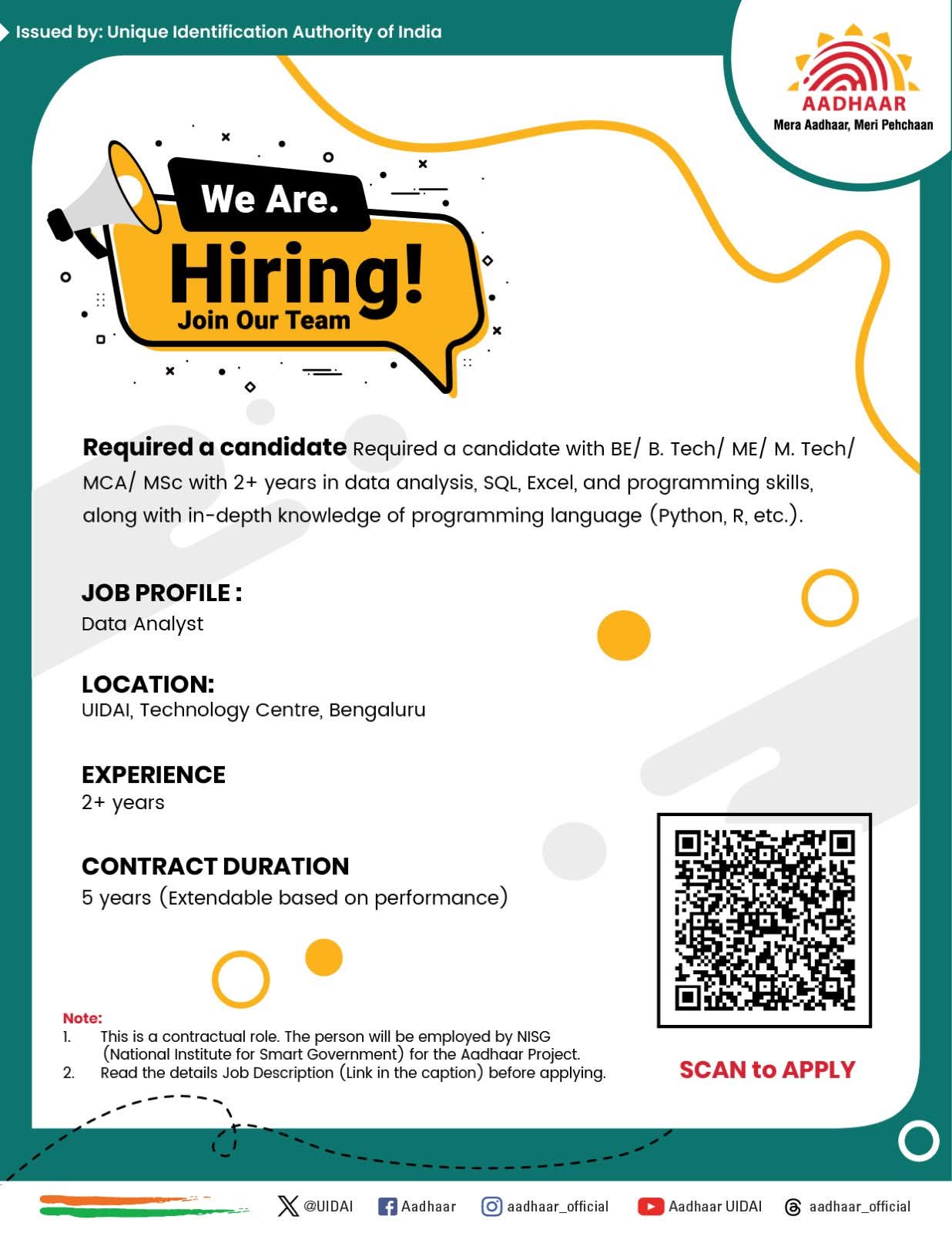 UIDAI Recruitment 2025 Data Analyst – Apply Now for Bengaluru Job ...